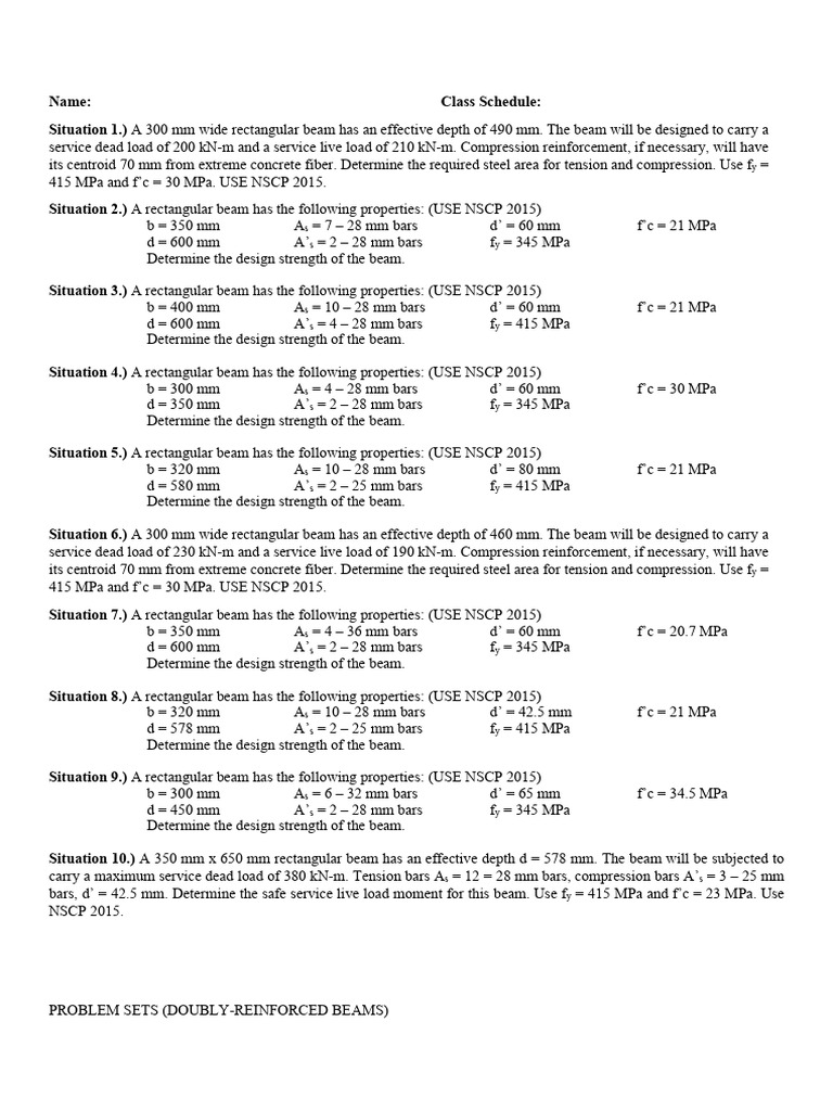 Problem Sets (Doubly-Reinforced Beams) | PDF | Beam (Structure) | Building Engineering