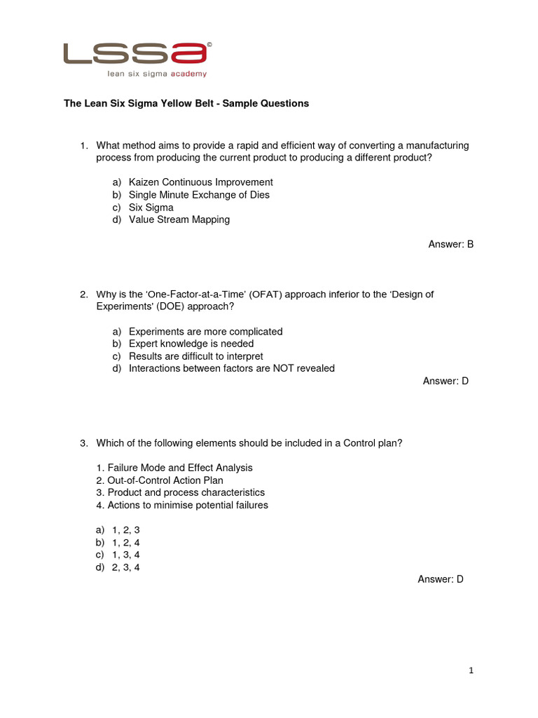 Lean Six Sigma Yellow Belt Sample Questions | PDF | Six Sigma ...
