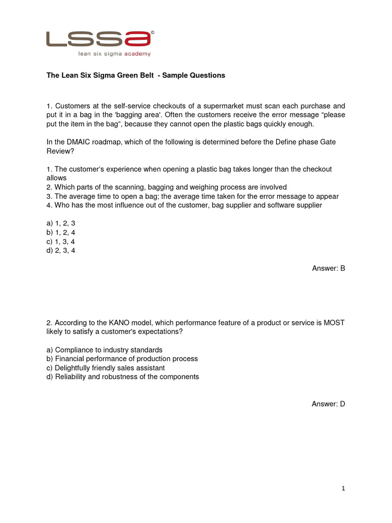 Lean Six Sigma Green Belt Sample Questions | PDF | Point Of Sale | Six ...