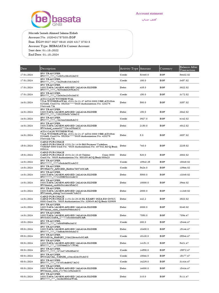 QNB Bebasta Account Statement | PDF | Debit Card | Credit Card