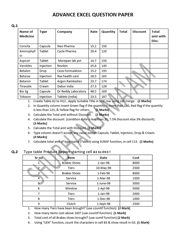 Advanced Excel Question Paper | PDF | Fruit | Vegetables