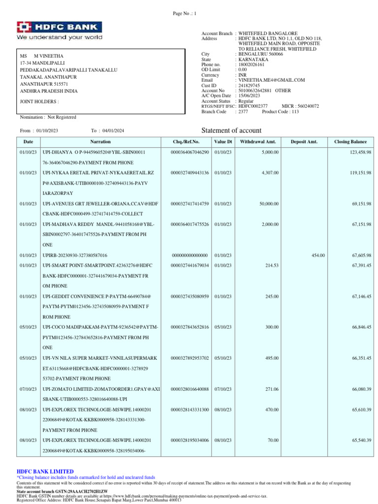HDFC Bank Account Statement Summary | PDF | Bangalore | Banking