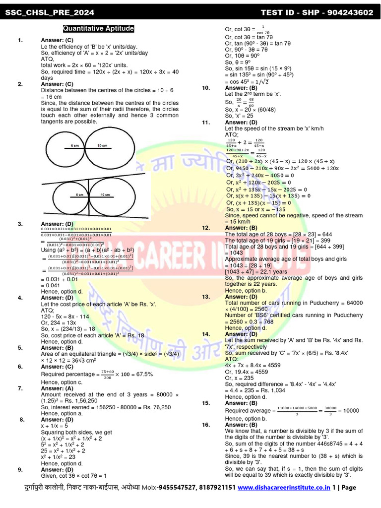 SSC CHSL Pre 062 (Eng Sol) | PDF