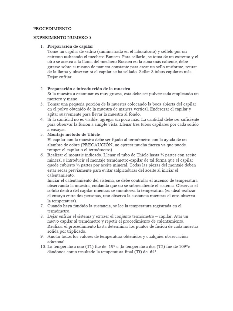 Procedimiento Experimento 5 | PDF | Termómetro | Temperatura
