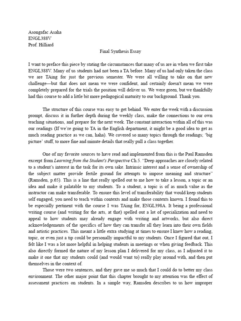 Engl388v Final Synthesis Essay - Asongafac Asaha | PDF | Learning ...