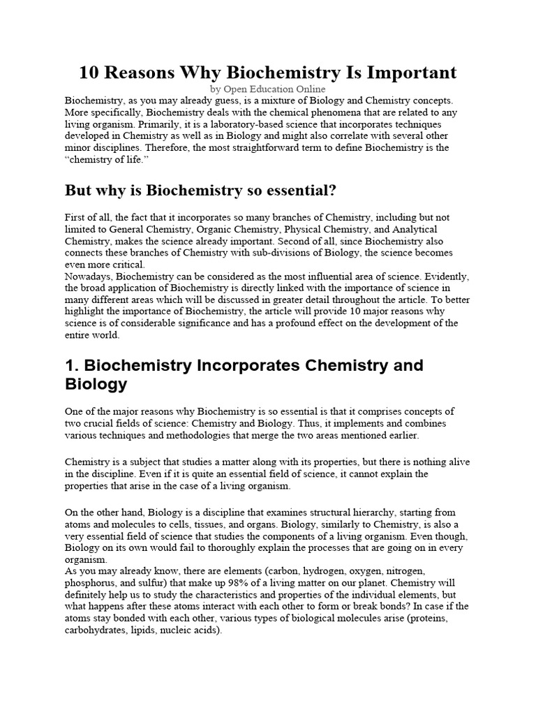 10 Reasons Why Biochemistry Is Important | PDF | Biochemistry | Chemistry