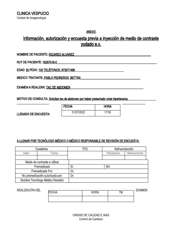 Autorización para TAC y Contraste Yodado | PDF | Imagenes medicas | Ct Scan
