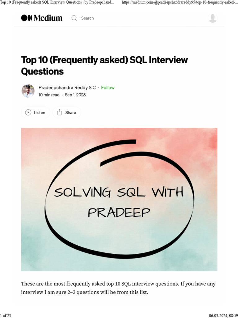 Top 10 (Frequently Asked) SQL Interview Questions - by Pradeepchandra ...