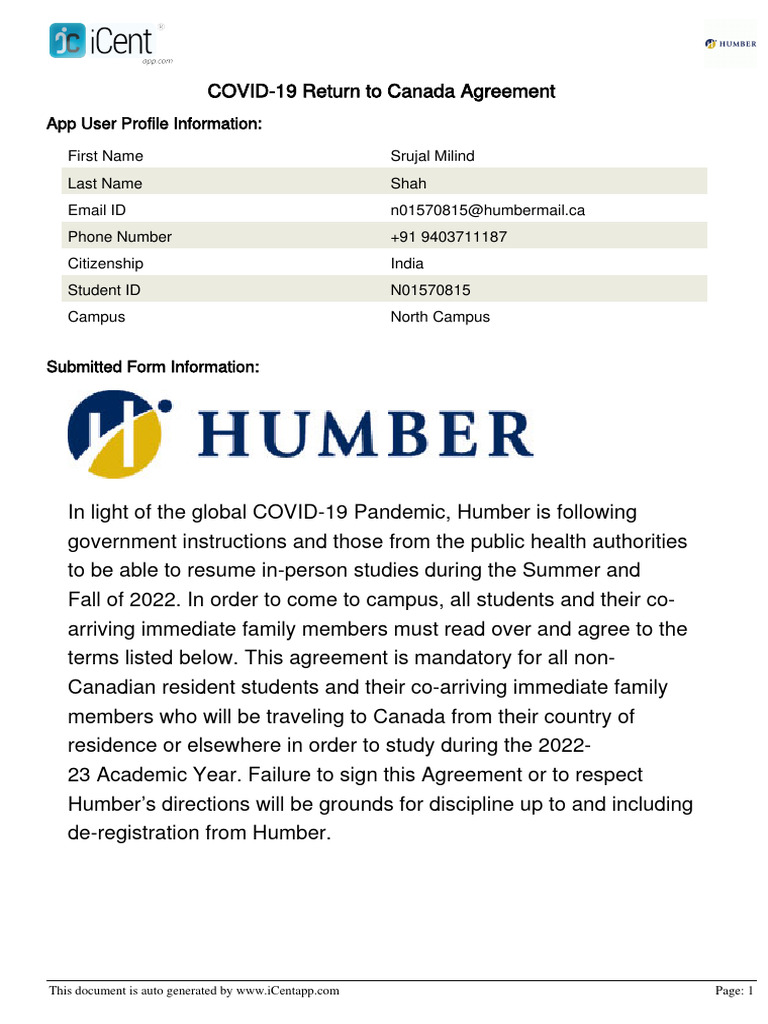 Humber Covid-19 Agreement Form | PDF | Quarantine | Biological Globalization