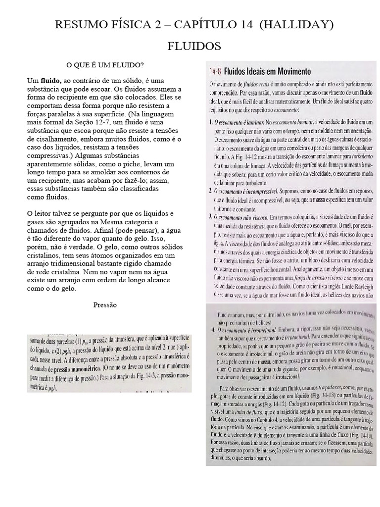 RESUMO FÍSICA 2 (Cap. 14 Halliday - Fluidos) | PDF