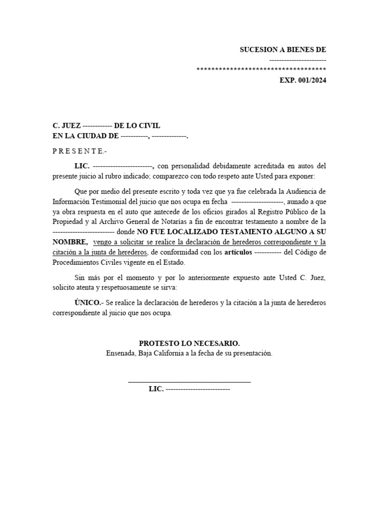 Formato de Solicitud Declaracion de Herederos y Junta | PDF Formato de Solicitud Declaracion de Herederos y Junta | PDF