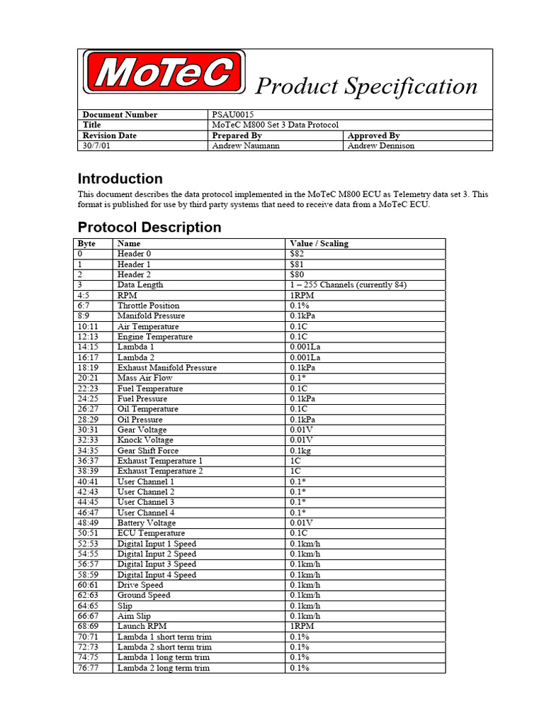 PSAU0015 MoTeC M800 Set 3 Data Protocol | PDF | Engines | Engine Technology