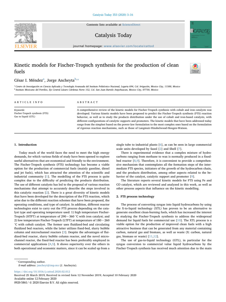 Kinetic Models For Fischer-Tropsch Synthesis For The Production of ...