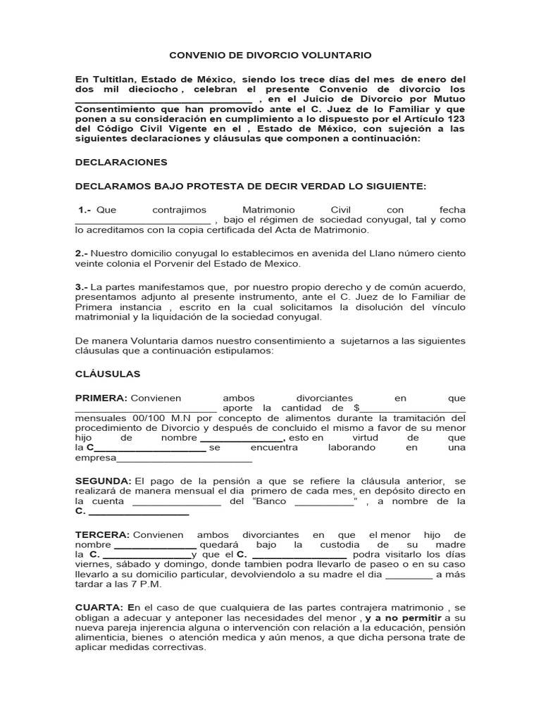 Convenio de Divorcio Voluntario | Descargar gratis PDF | Divorcio | Matrimonio