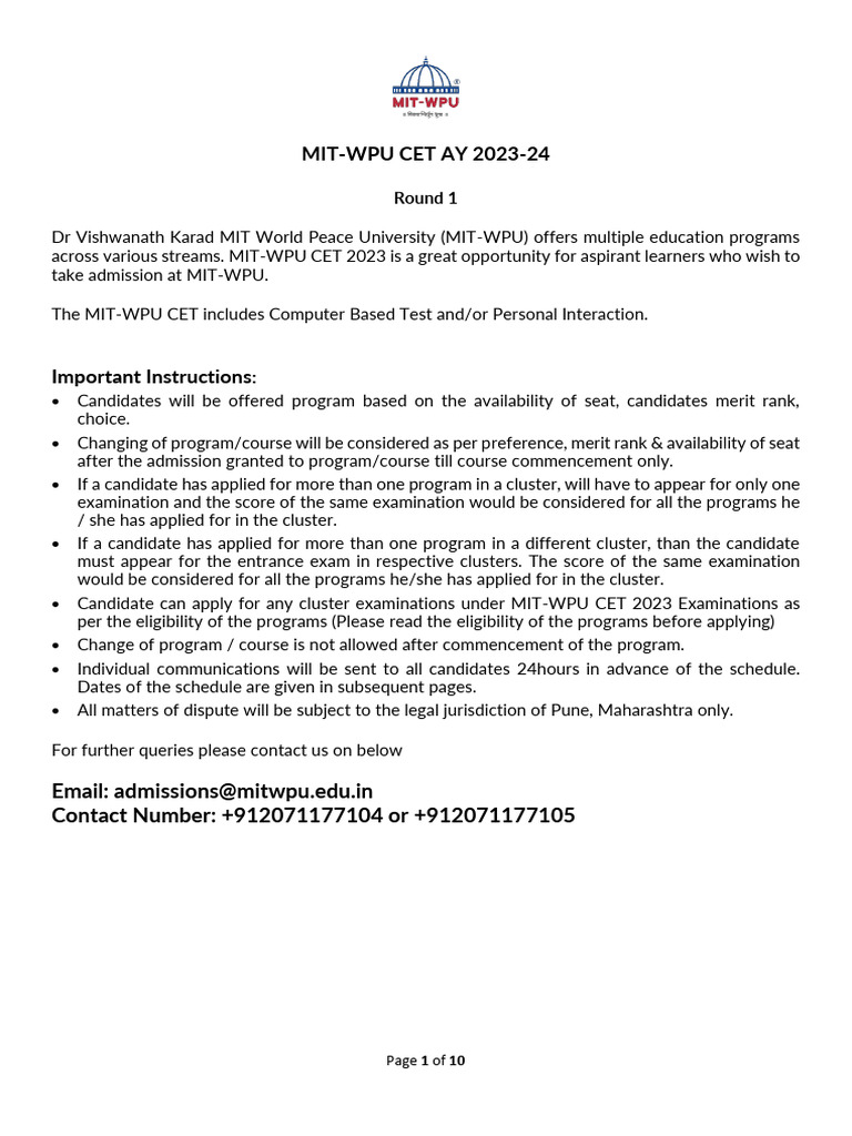 MIT-WPU CET 2023 Entrance Exam Details | PDF | Engineering | University ...