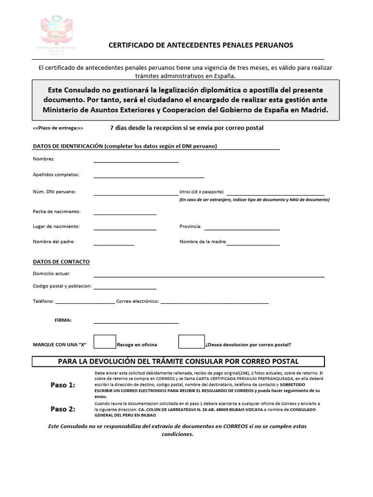 Solicitud de Antecedentes Penales Perú | PDF | Documento de identidad ...