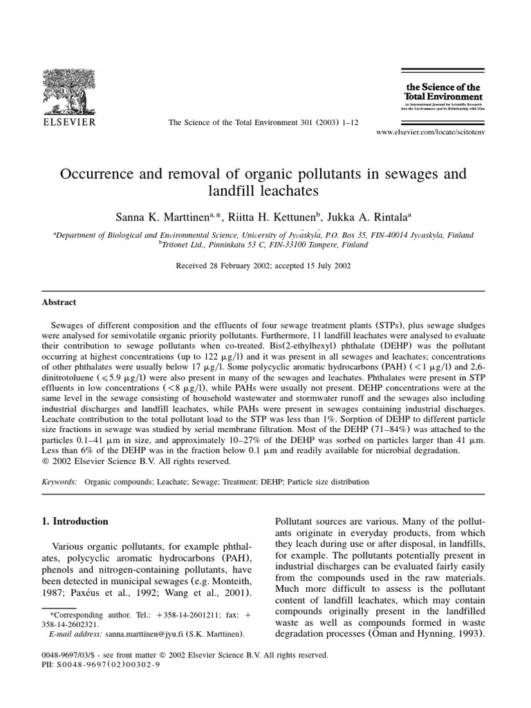 Organic Pollutants in Sewage and Leachate | PDF | Sewage Treatment ...