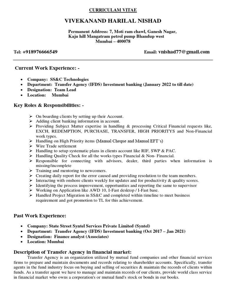 Vivek Resume | PDF | Financial Markets | Mutual Funds