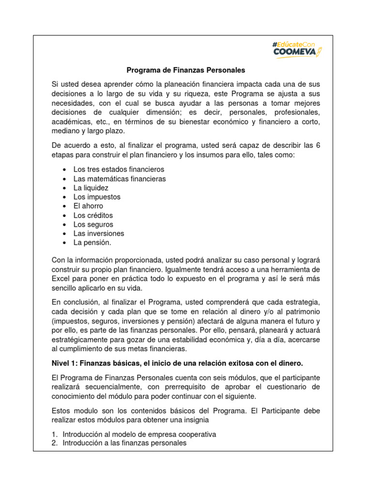 Programa Finanzas Nivel Básico | Descargar gratis PDF | Finanzas personales | Finanzas Matemáticas