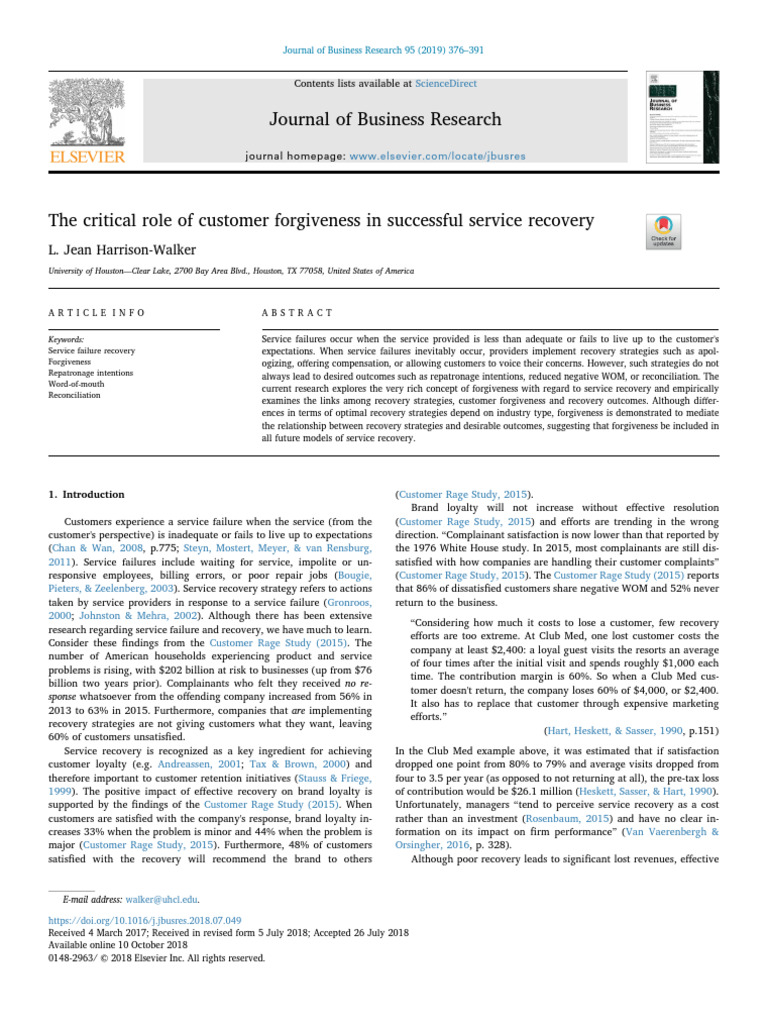 Harrison-Walker 2018 The critical role of customer forgiveness in ...