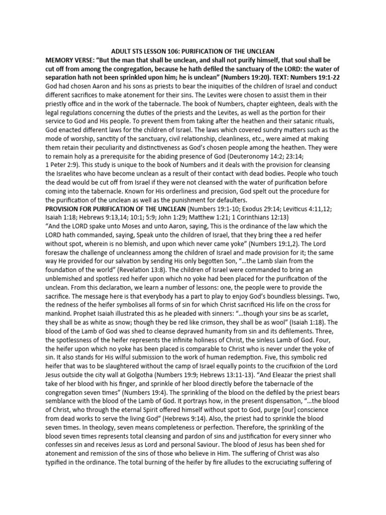 Adult STS Lesson 106 - Purification of The Unclean | PDF | Sin | Book ...