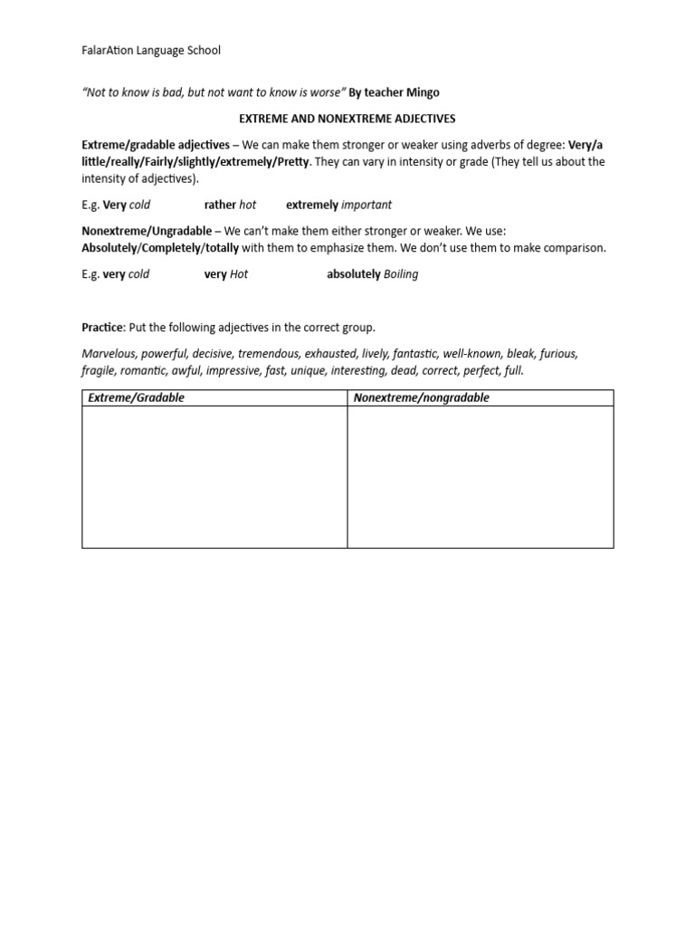 Extreme vs. Nonextreme Adjectives Guide | PDF