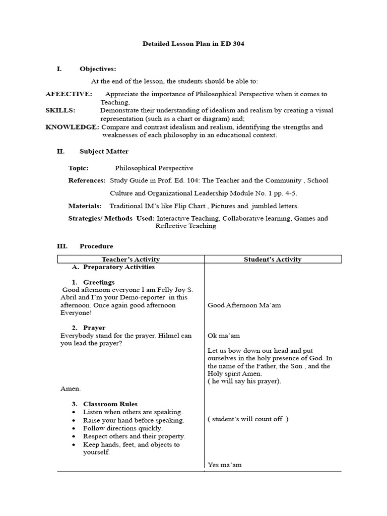 Detailed Lesson Plan in Ed | PDF | Philosophical Realism | Idealism