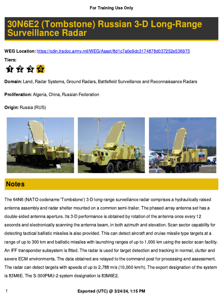 30N6E2 (Tombstone) Russian 3-D Long-RangeSurveillance Radar | PDF ...