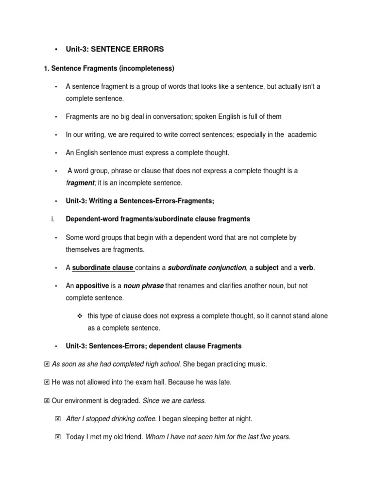 Unit 3 Sentence Errors Note - 1 | PDF | Grammatical Number | Subject ...