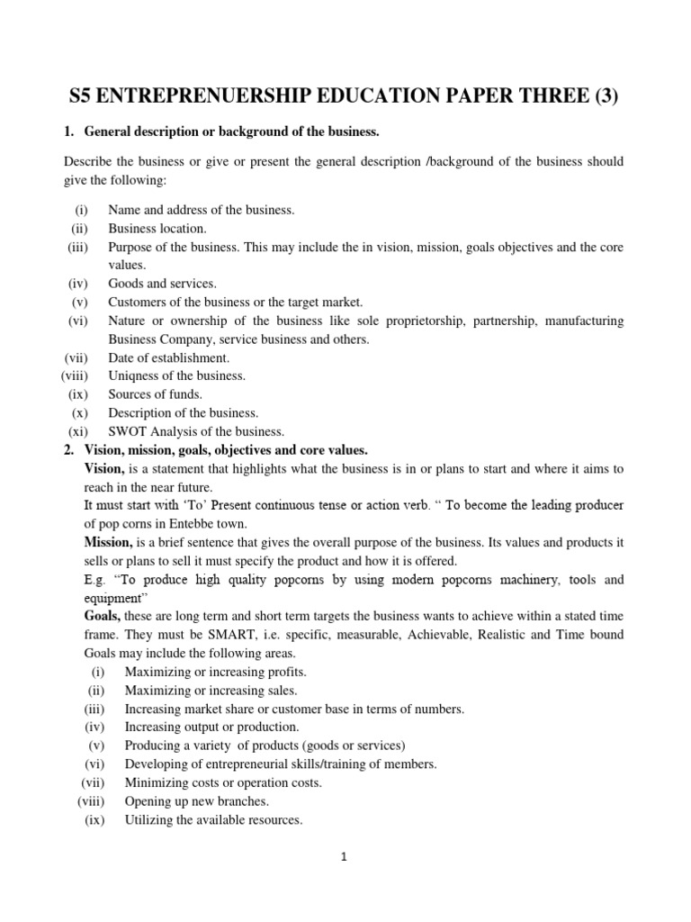 S5 ENTREPRENUERSHIP EDUCATION PAPER THREE Revision Work | PDF ...