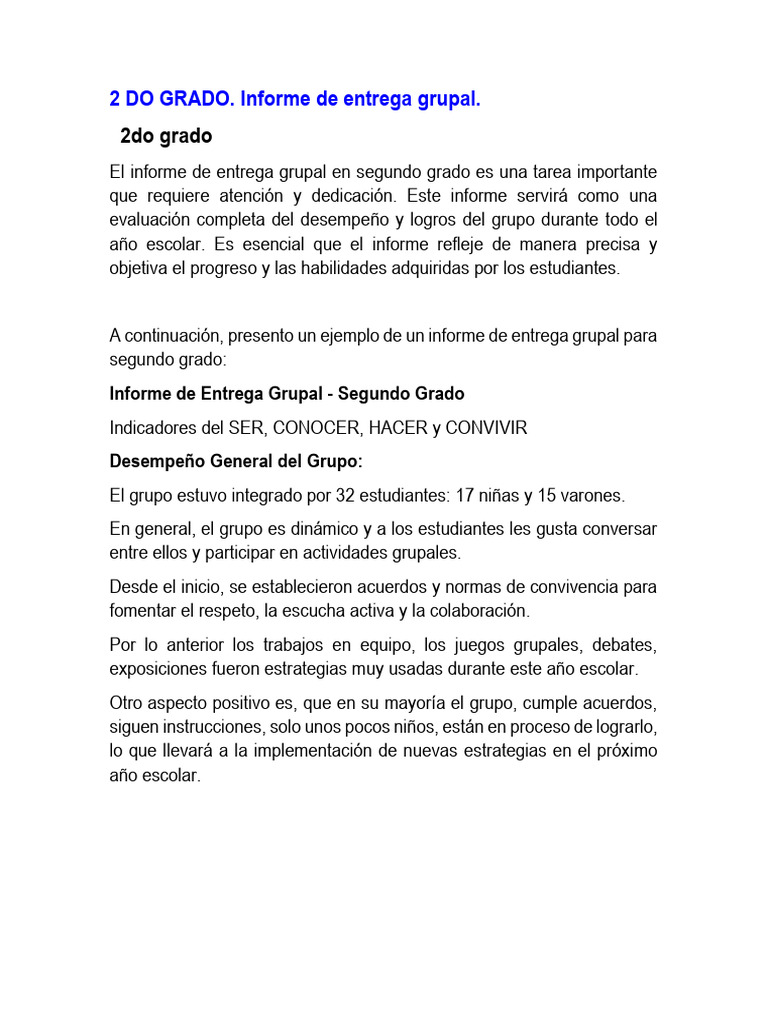 2 Do Grado. Informe de Entrega Grupal | PDF | Aprendizaje | Matemáticas