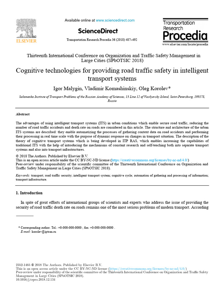 Cognitive technologies for providing road traffic safety in intelligent | PDF | Transport ...
