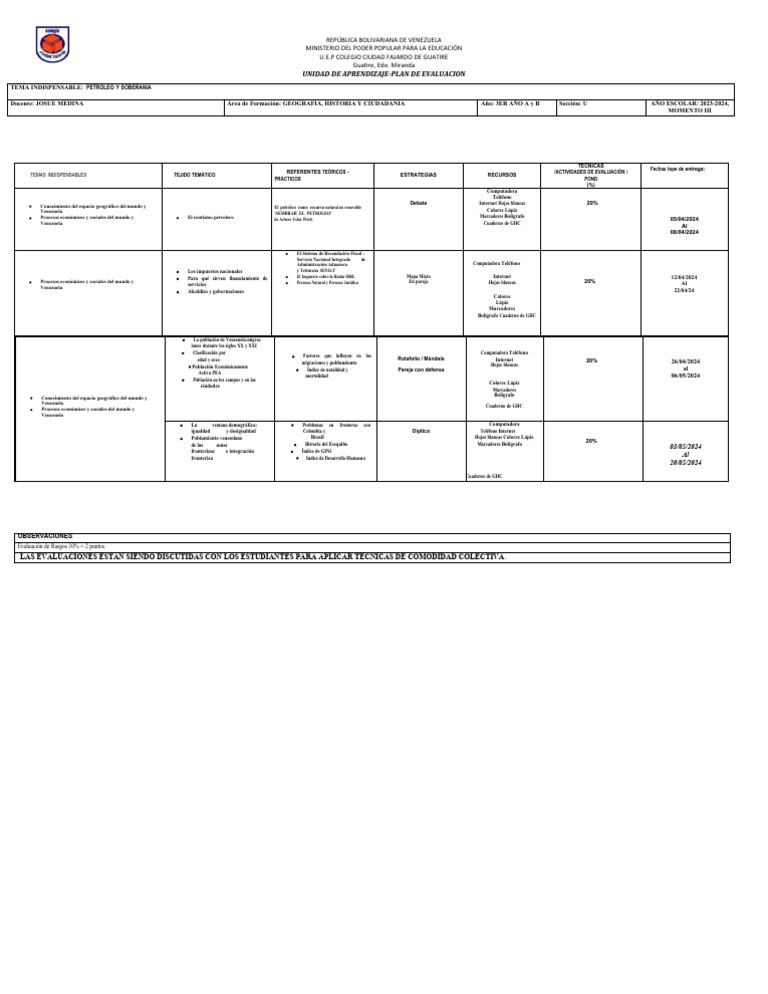 Plan Iii Lapso GHC 3er Año B | PDF | Venezuela