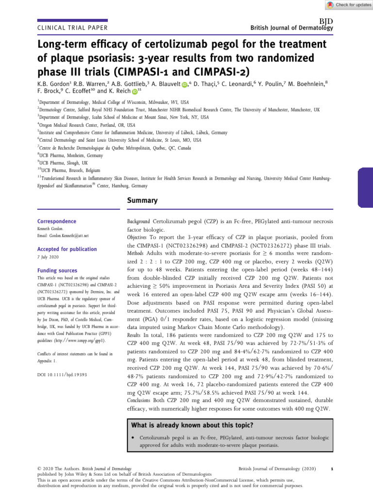 Long-Term Ef Cacy of Certolizumab Pegol For The Treatment of Plaque Psoriasis | PDF | Psoriasis ...