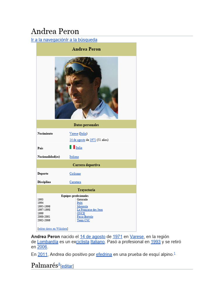Andrea Peron | PDF | Carrera de bicicletas | Ciclismo deportivo