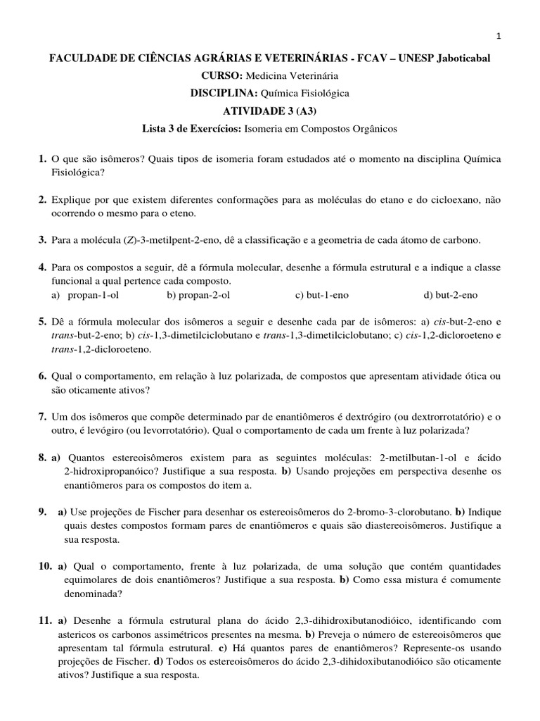 Lista 3 de Exerc-Cios - Isomeria - 2024 | PDF | Isômero | Estereoquímica
