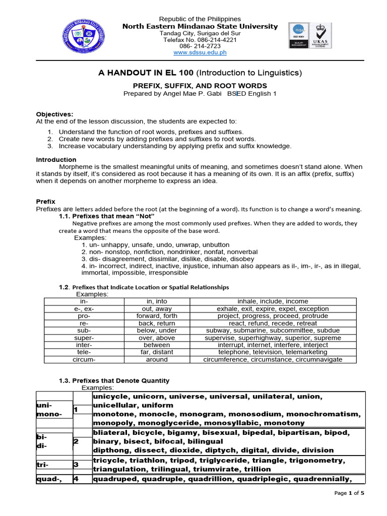 El 100 - Prefix, Suffix and Root Words | PDF | Adjective | Word