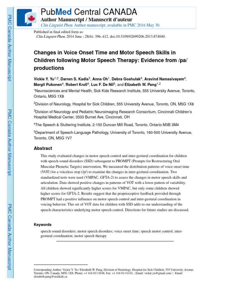 Changes in Voice Onset Time and Motor Speech Skills in Children ...