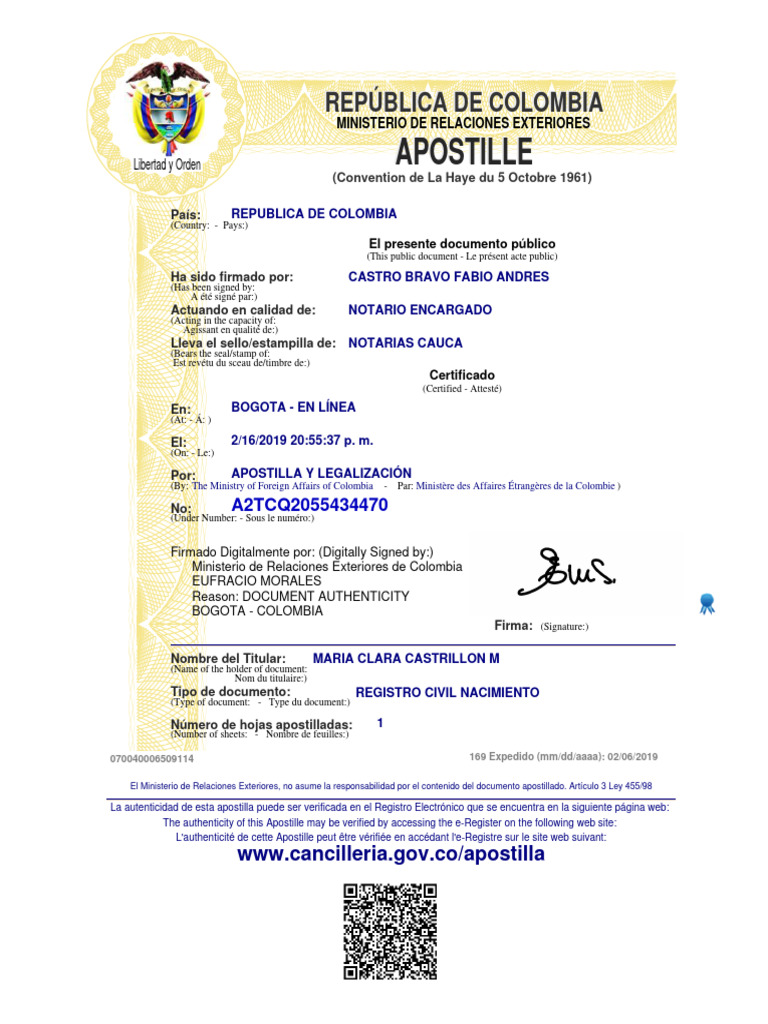Apostilla Registro Civil Colombia | PDF