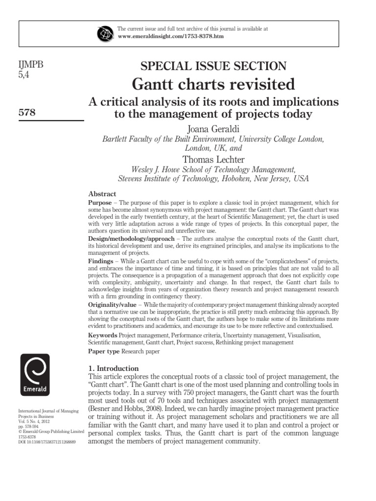 Gantt charts revisited- A critical analysis of its roots and implications to the management of ...