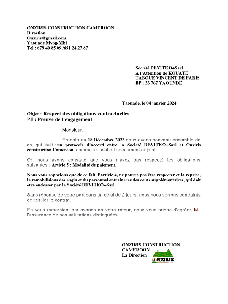 Non-respect des obligations contractuelles | PDF