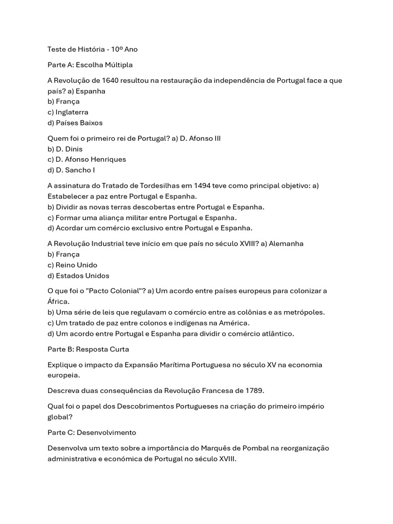 Teste História - 10 Ano | Download grátis PDF | Portugal | Era dos ...