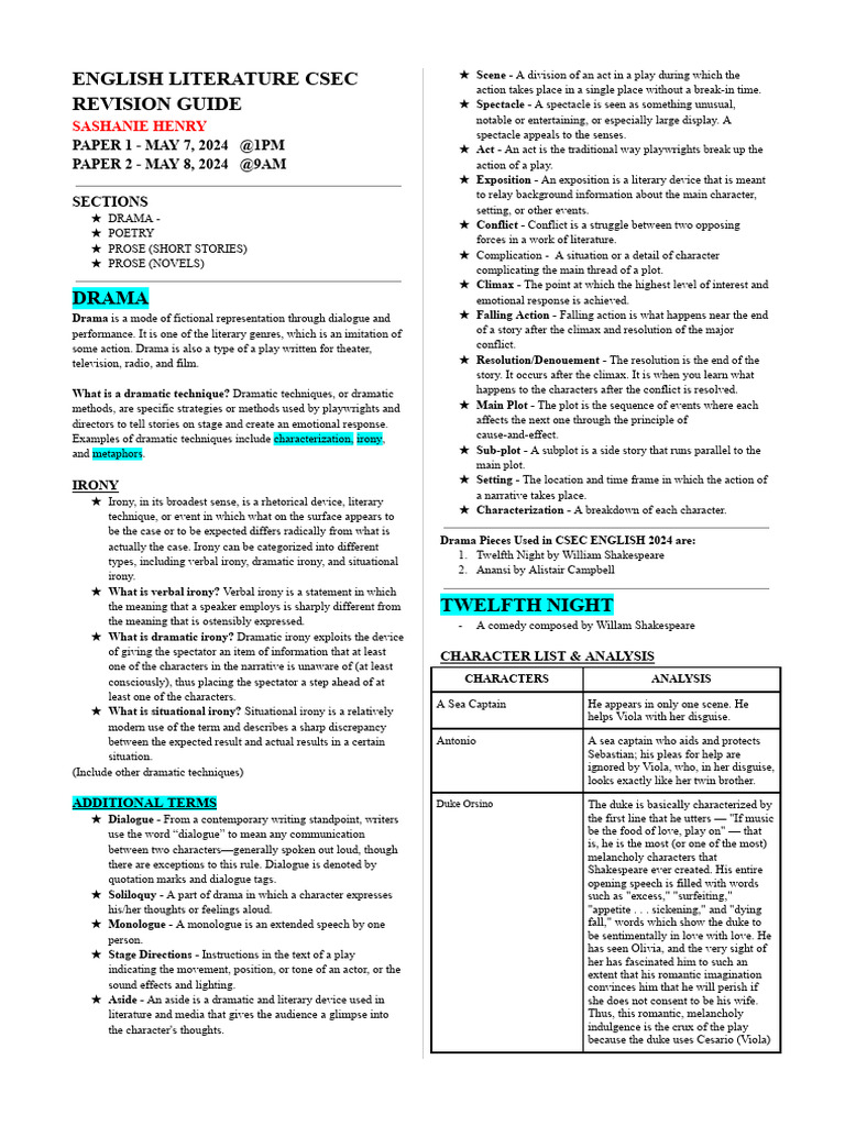 English Literature Csec Notes | Download Free PDF | Irony