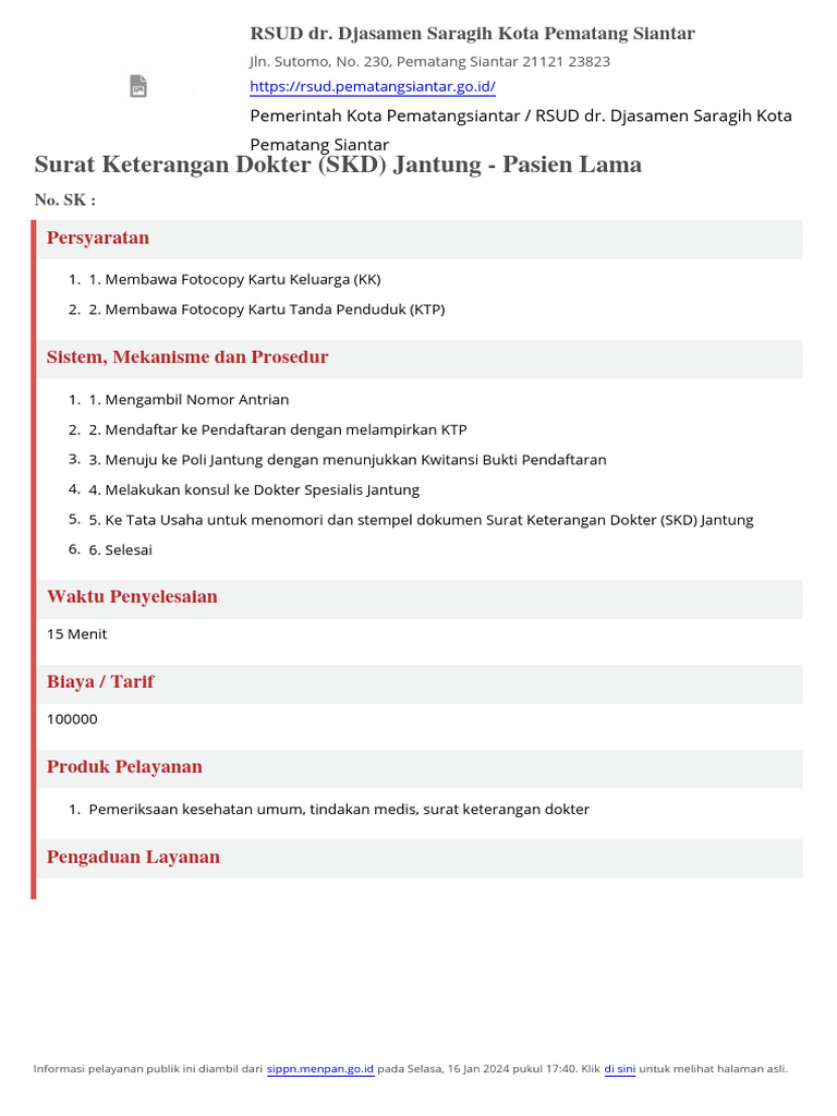 Unduh Standar Pelayanan - Surat Keterangan Dokter (SKD) Jantung - Pasien Lama | PDF