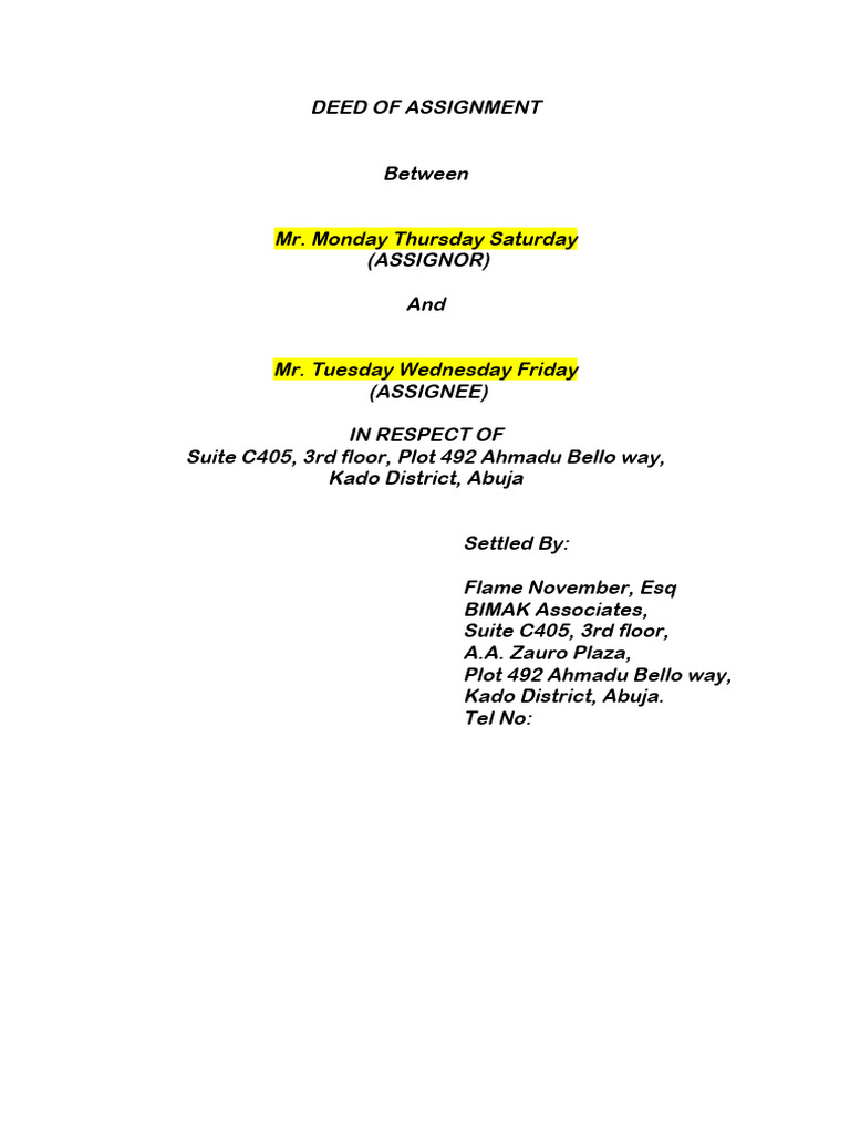 Draft DEED OF ASSIGNMENT | PDF | Assignment (Law) | Covenant (Law)