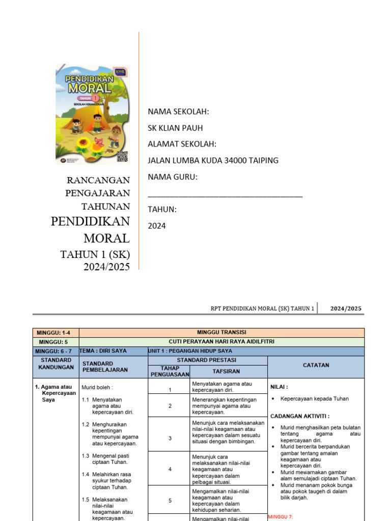 RPT Pendidikan Moral Tahun 1 2024 | PDF | Karier & Perkembangan