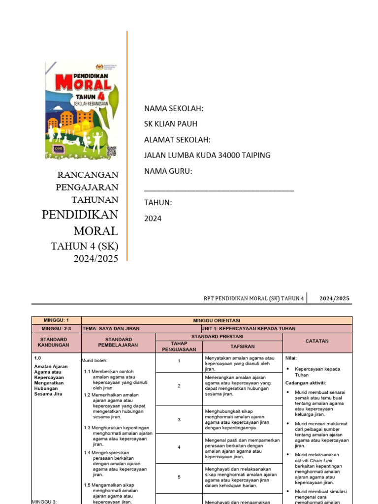 RPT Pendidikan Moral Tahun 4 2024/2025 | PDF