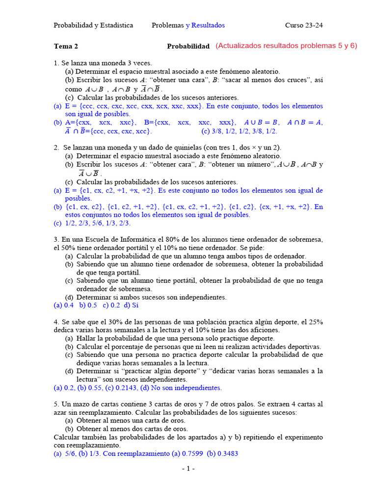 PyE-Problemas Tema 2 Probabilidad (Actualizado 2024-02-09) | PDF | Teoría de probabilidad ...