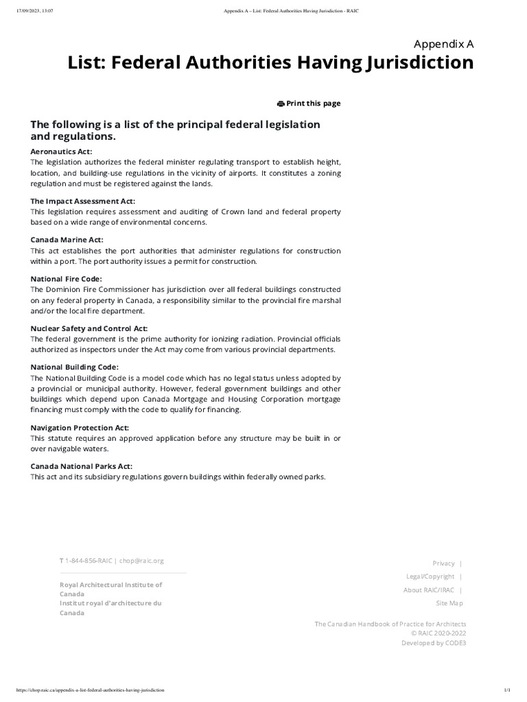Appendix A - List - Federal Authorities Having Jurisdiction - RAIC ...