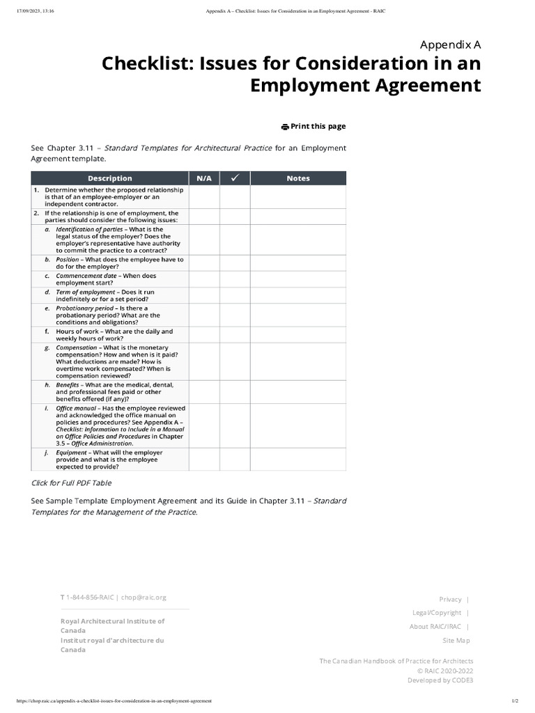 Appendix A - Checklist - Issues For Consideration in An Employment ...